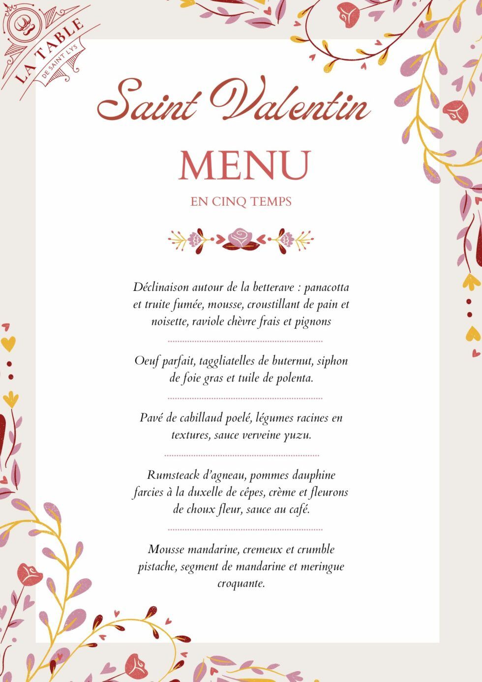 Menu Saint Valentin - La Table de Saint-Lys